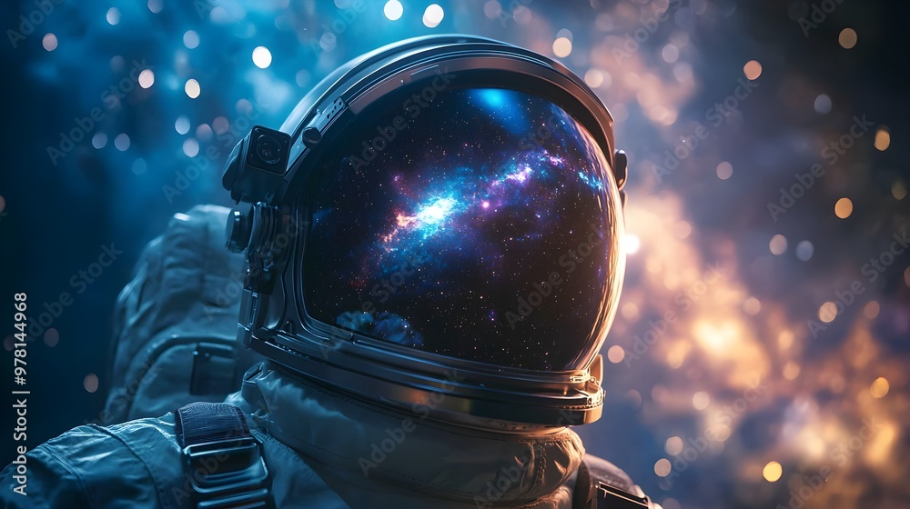 Astronaut in a reflective helmet hovering above Earth, the Milky Way ...