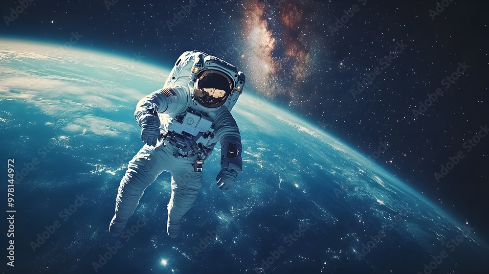 Astronaut floating over Earth, surrounded by the vast expanse of space ...