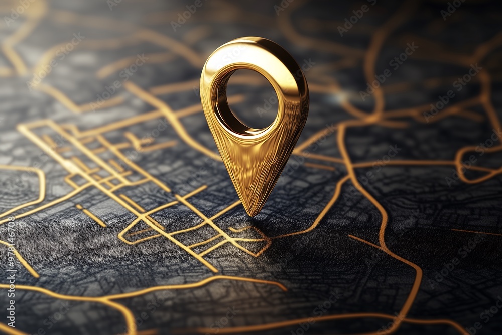 Shiny golden map pin placed on elegant black and gold map Stock ...