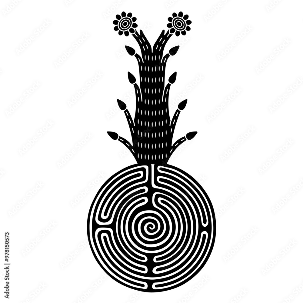 World tree sprouting from a round spiral maze or labyrinth symbol ...