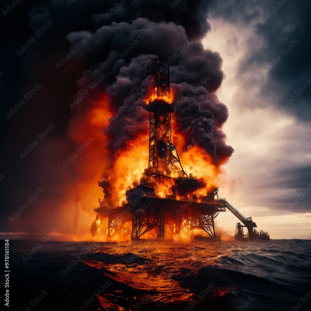Intense image of an offshore oil rig set ablaze, with towering flames ...