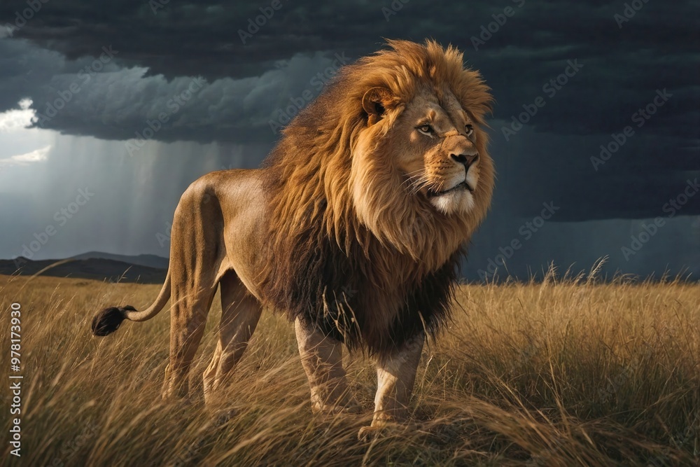 Lion Roaring on a Hilltop in a Thunderstorm: A powerful lion standing ...