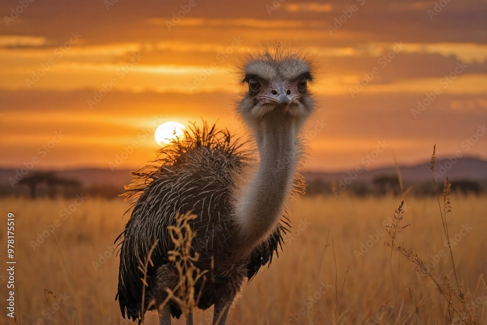 Ostrich in the Golden Savannah at Sunset: A tall, graceful ostrich ...
