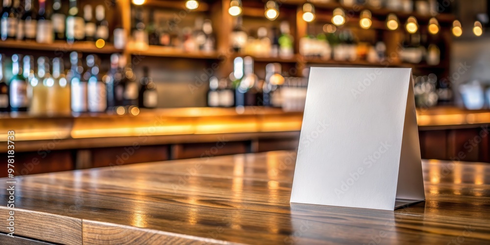 ภาพประกอบสต็อก Blank paper table card on wooden table over bar ...