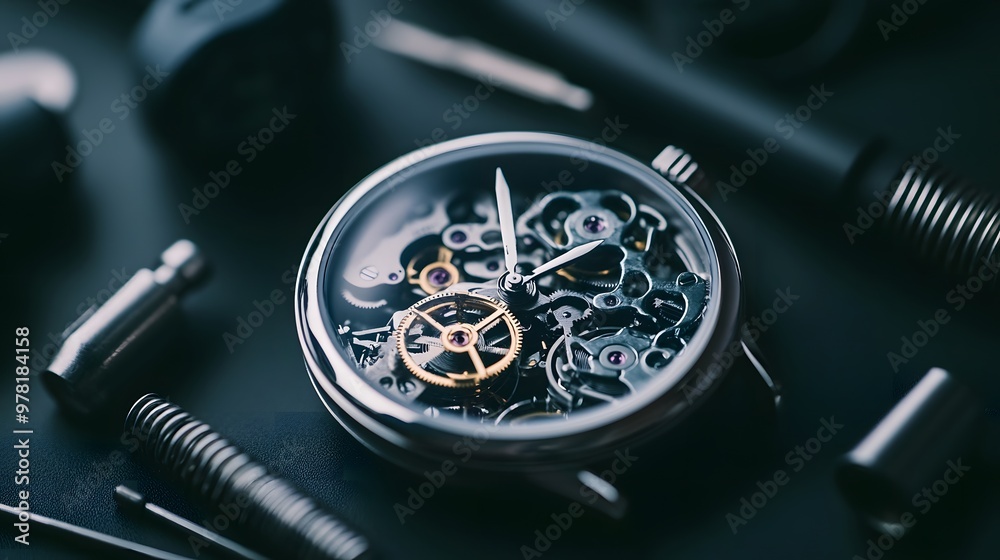 Intricate dismantled mechanical watch with detailed gears and springs ...