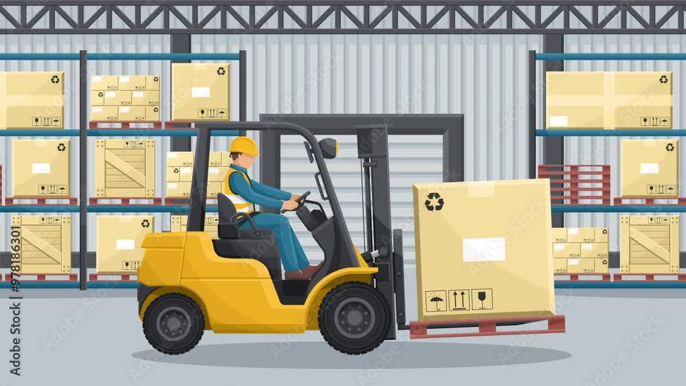 Industrial worker driving a forklift. Industrial warehouse with pallet ...