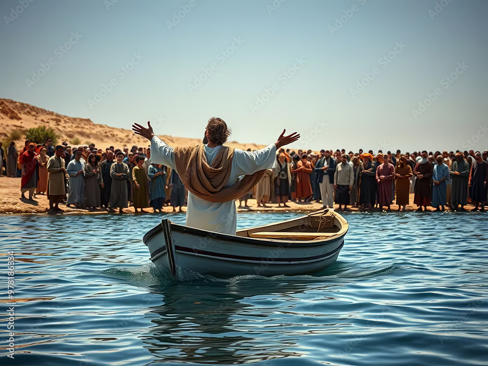 Gospel Images from the Bible NT - Jesus teaches crowd from a boat on ...