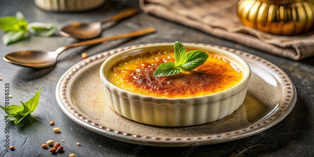 Creamy creme brulee with a golden caramelized topping on a elegant ...
