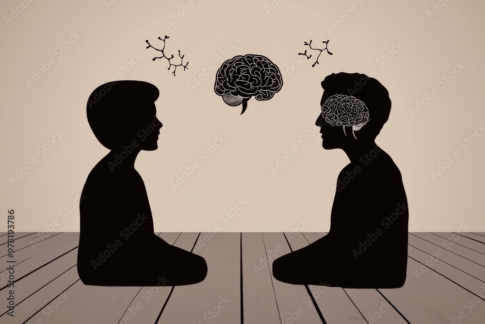 Two seated figures facing each other with floating brain symbols ...