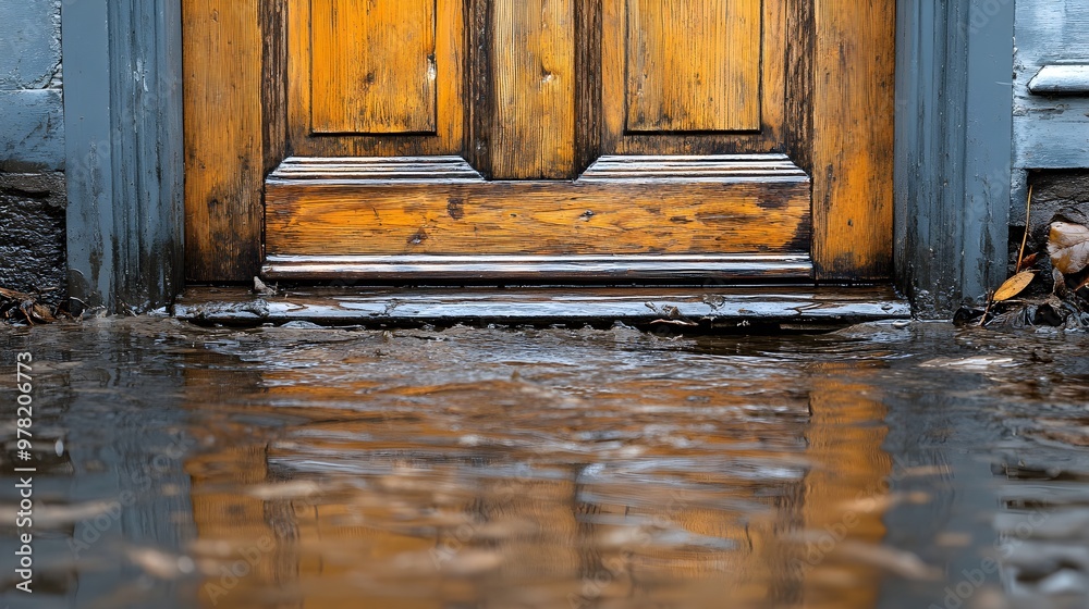 Close-up of a water-damaged wooden door, swollen from flooding, with ...