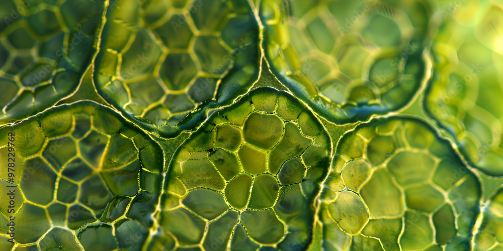 Foto de Microscopic view of plant cells with detailed cell wall structure, Close-up of green ...
