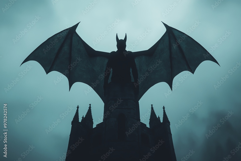 A vampire standing in front of a gothic castle, shot from below, bat ...