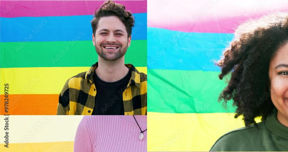 African woman, lgbtq flag and face in portrait for gay human rights ...