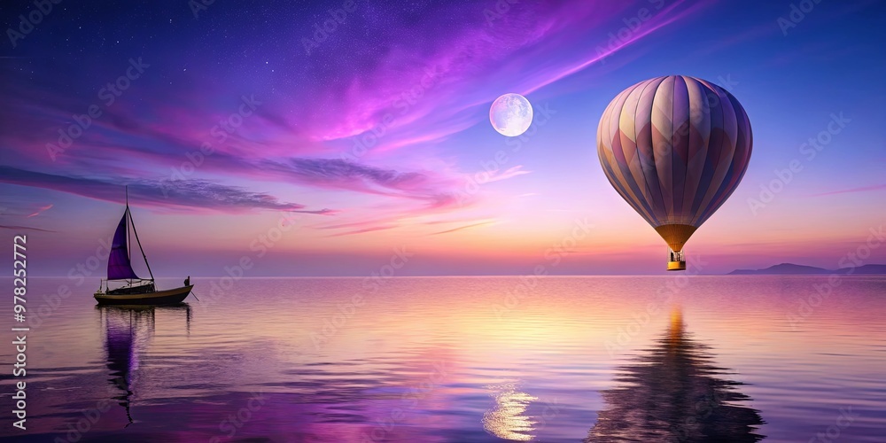 A picturesque scene of a hot air balloon floating over water with a ...