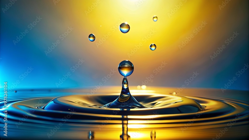 Cluster of water droplets hovering over blue-yellow gradient background ...