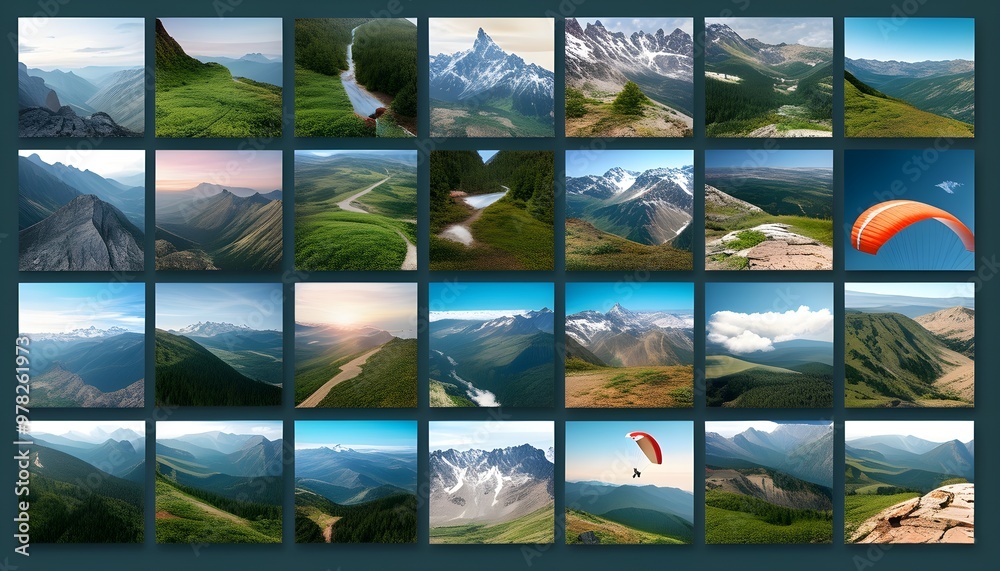 Scenic Mountain Collage Illustration Featuring Nature, Plants, and ...