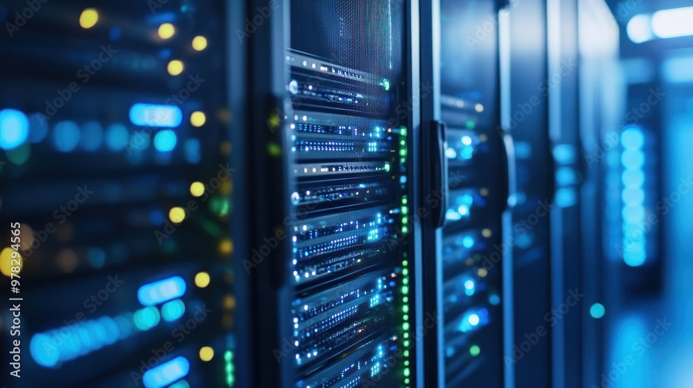 A close-up of a server rack in an enterprise data center, with servers ...