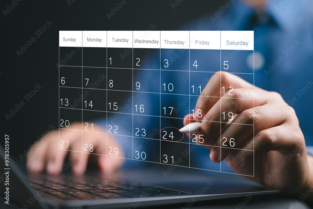 Time management concept. Businessman use laptop to manage time for ...