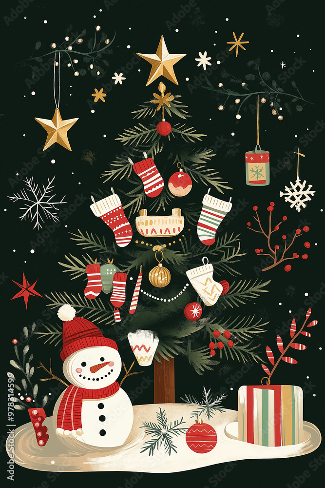 눈 내리는 겨울 성탄절 축하 카드 일러스트레이션 Stock Illustration | Adobe Stock