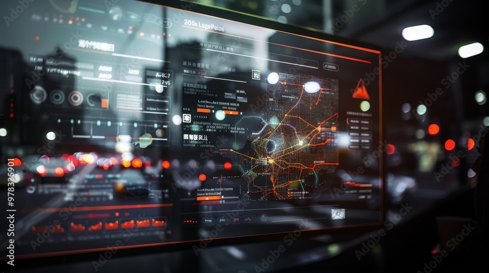 Futuristic digital interface with real-time crime prediction data, map ...