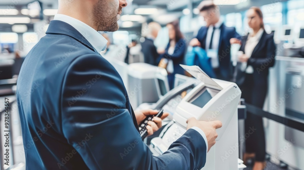 Border control officer scanning passport with electronic reader at ...
