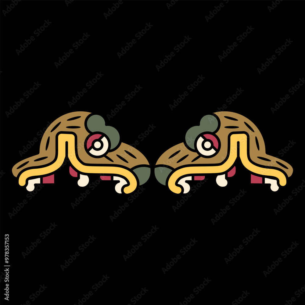 Symmetrical ethnic design with two heads of fantastic animal with open ...