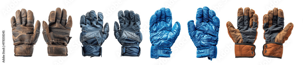 A row of six pairs of gloves in different colors and textures ...