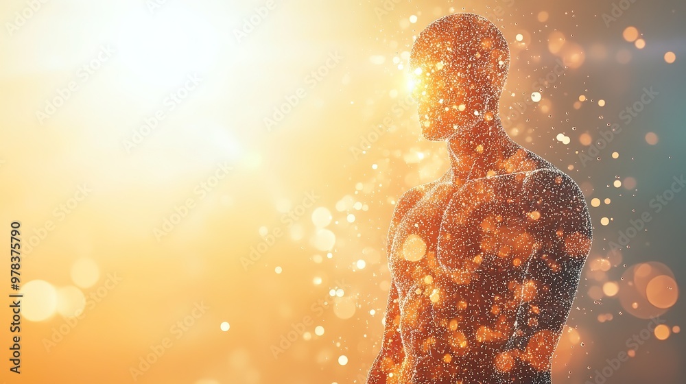 Human body made from atoms and particles spread in the air, daylight ...