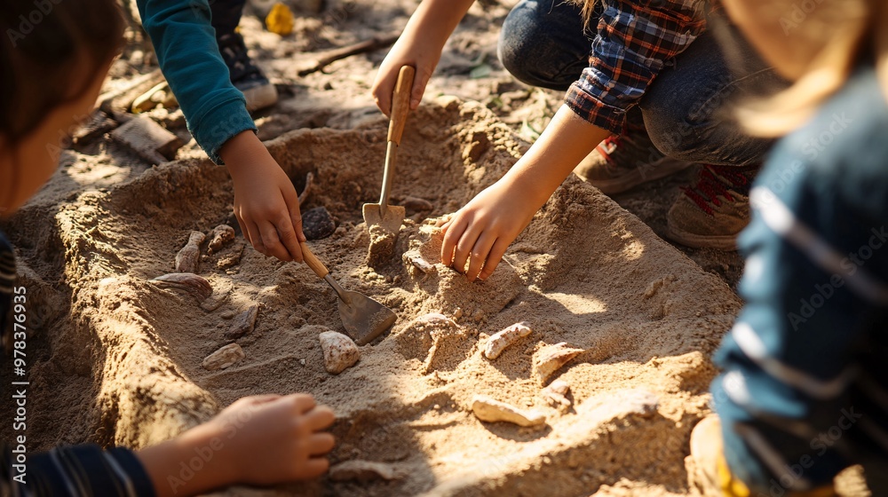 Sandbox setup with a fossil digging kit, children or researchers using ...