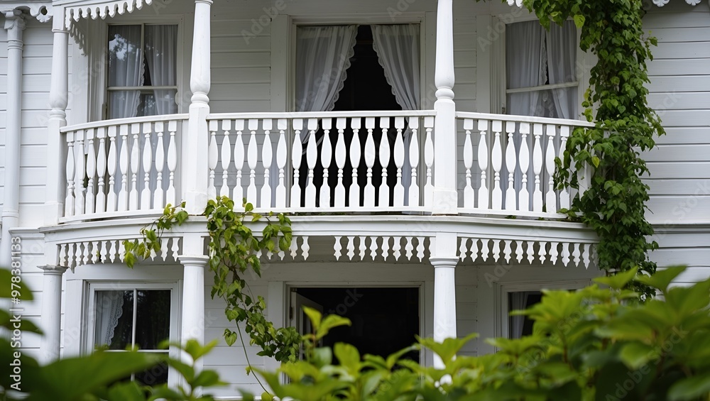 white-painted house with a Victorian-style balcony. The balcony ...