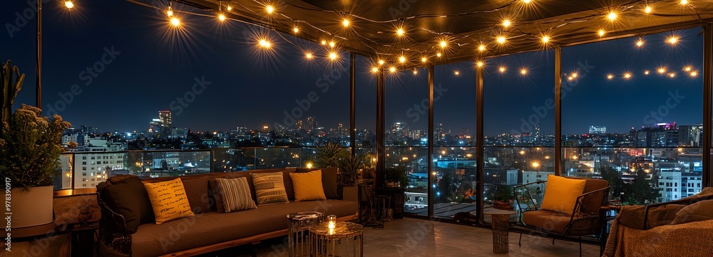 40. **A chic rooftop bar with modern furniture, twinkling fairy lights ...