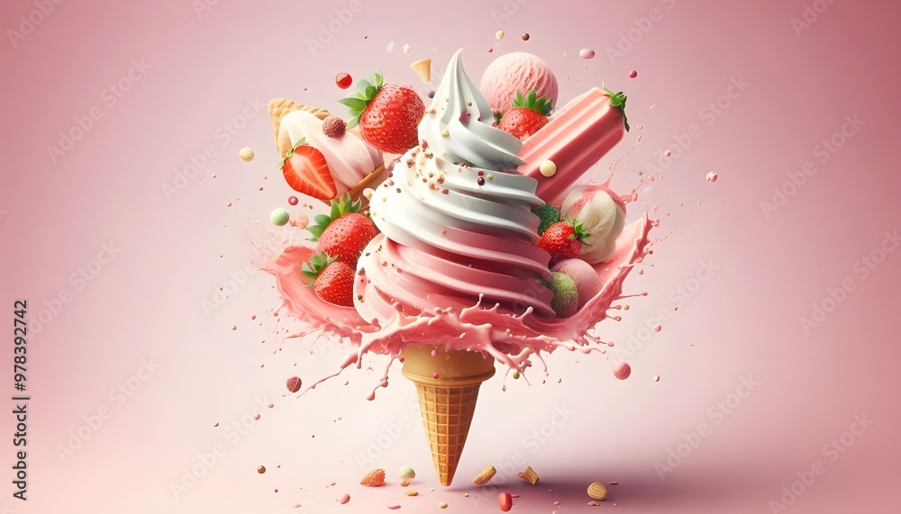 Creative food template. Soft serve gelato vanilla strawberry ice cream ...