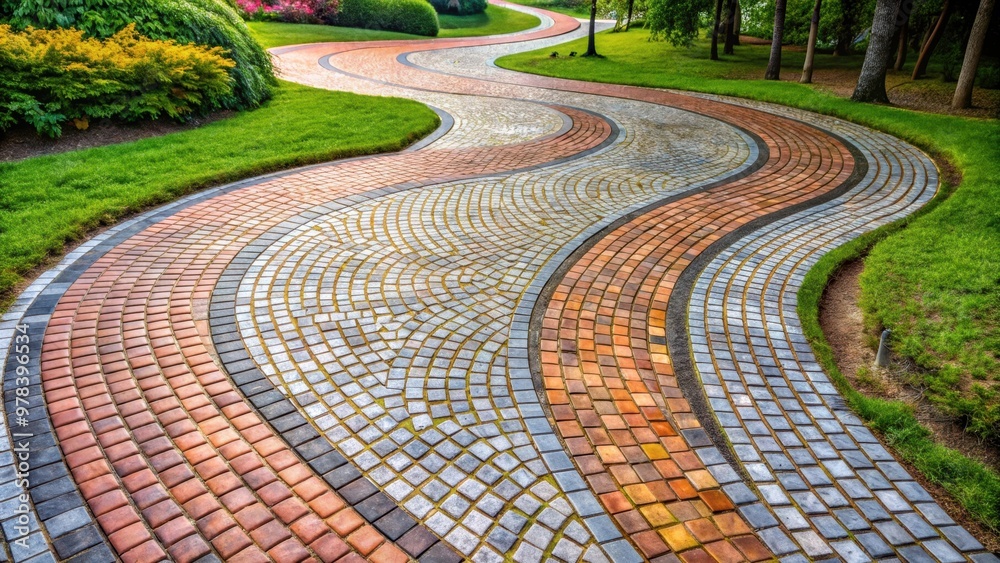 Curved wave path made of different shaped tiles in park grass, curved ...