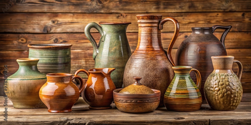 Ceramic jugs of various sizes and designs in a rustic setting, ceramic ...