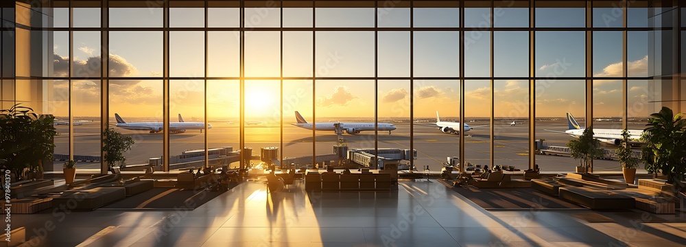 29. **A bustling airport terminal with modern amenities, large windows ...