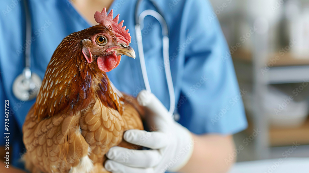 Veterinarian wearing blue gloves examines domestic hen chicken on a ...