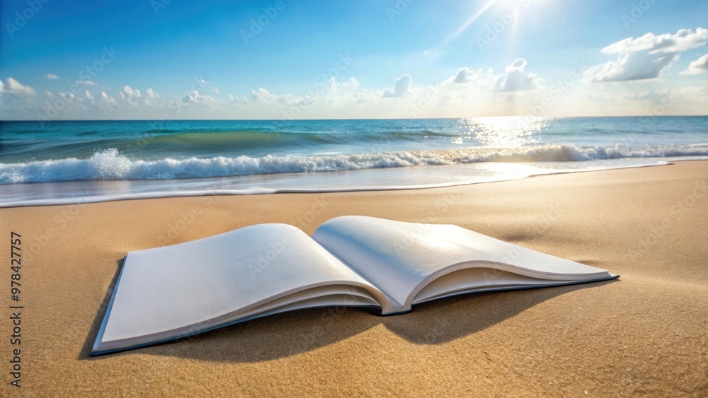 Blank magazine mockup laying on sandy beach with ocean waves in the ...
