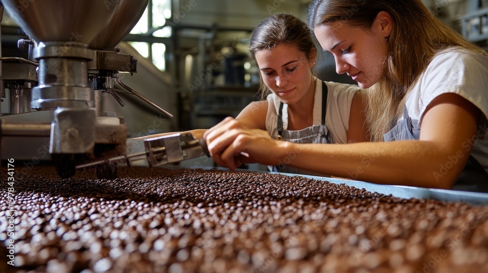 17. Detailed scene of male and female coffee roasters operating an ...