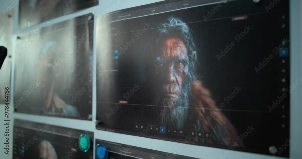 Board with printed images of 3D model of ancient human head. Three ...