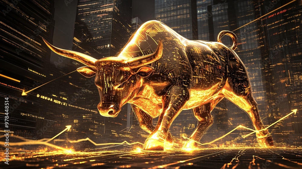Bull market represented as a golden bull with a rising graph line ...