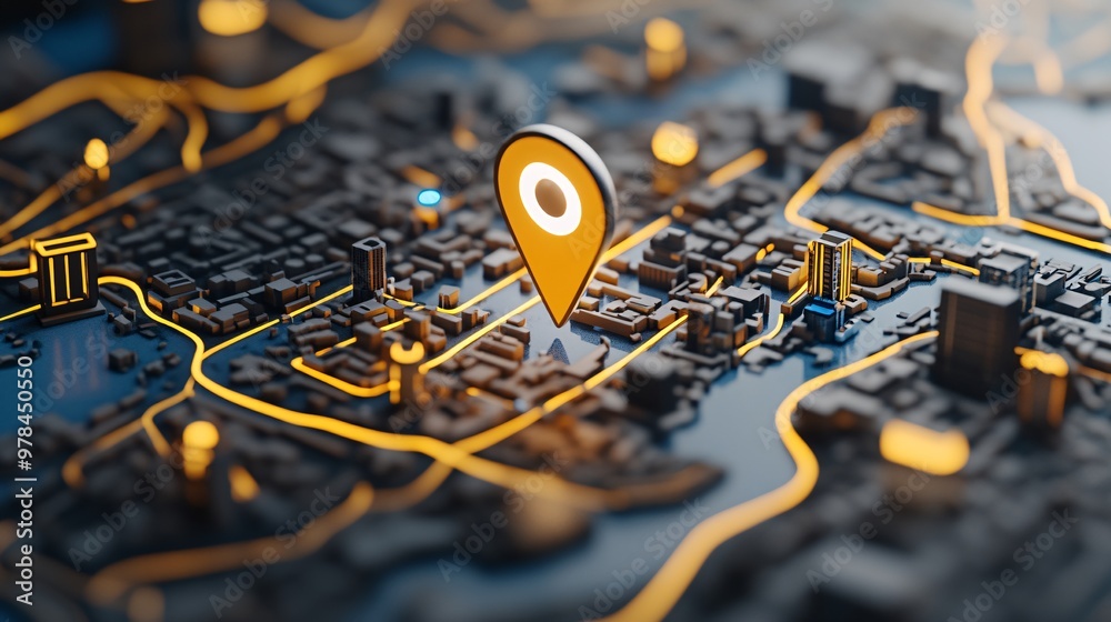 A location pin with a prominent point of interest icon, detailed map ...