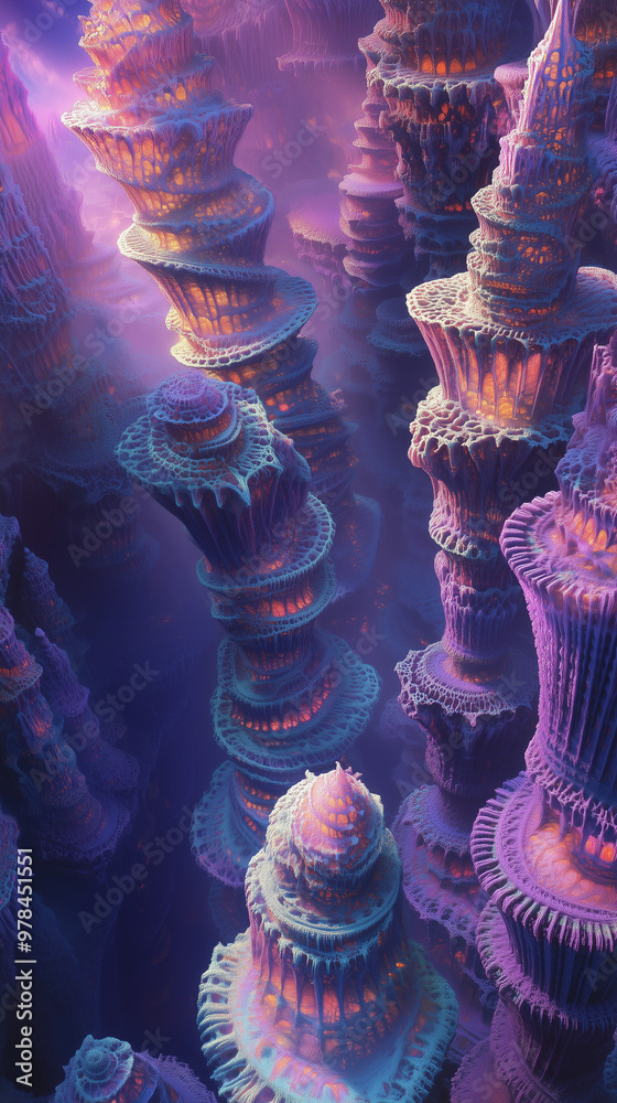 Abstract digital 3D fractal landscape, towering structures formed by ...