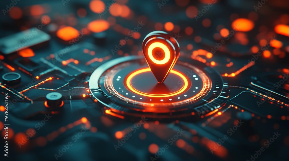 User interface buttons surrounding a large location pin, glowing softly ...