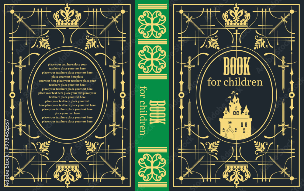 141-27-Elegant book cover design featuring a medieval castle, swords ...