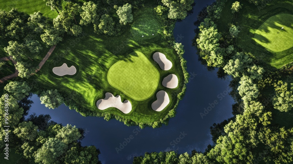 An aerial view of a challenging par 5 hole, showing the layout of the ...