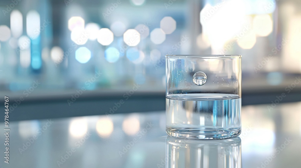 Lead Levels: Close-up of glass beaker with clear liquid and floating ...