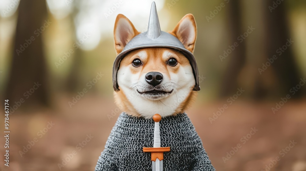 Shiba Inu dressed as a knight with a tiny sword in a spooky forest ...