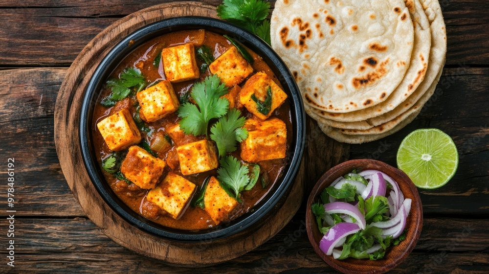 Flat lay of a traditional Kadai Paneer, served with warm chapati, fresh ...