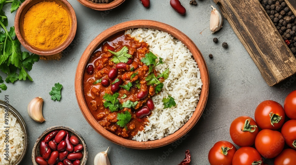 Flat lay of Rajma curry with rice in a clay bowl on a concrete table ...