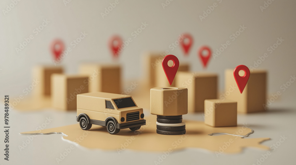 Delivery truck and packages on map with location markers, symbolizing ...
